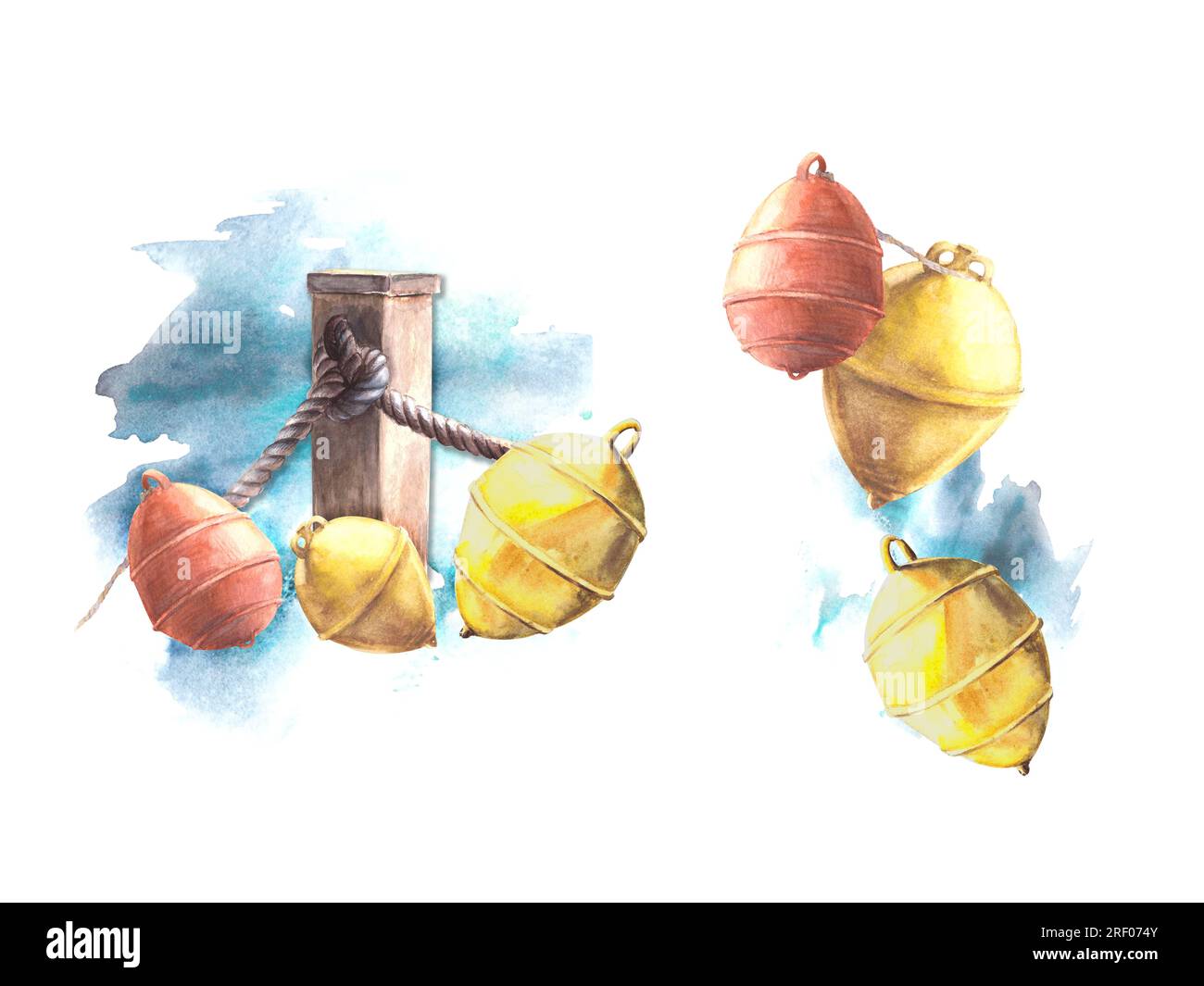 Sea wave, bollard, ropes, red and yellow buoys Watercolor maritime Kit Hand painted isolated on ...