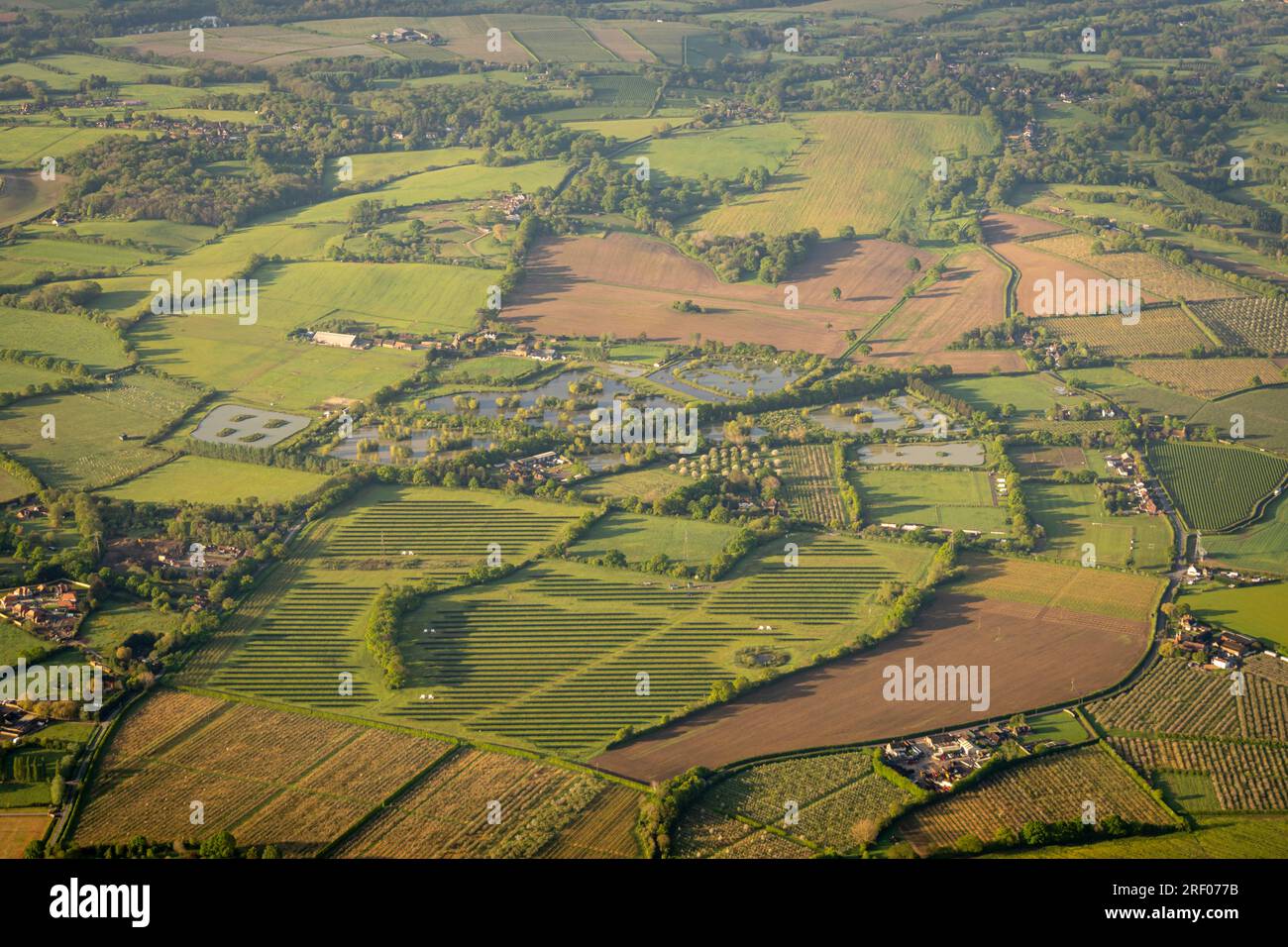 Aerial view of the fields and lakes in the countryside in Kent, UK ...
