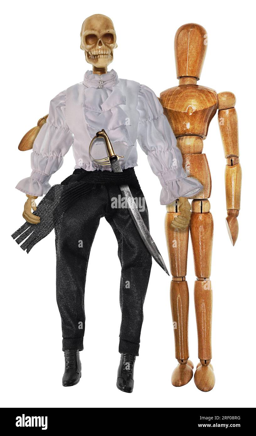 Arm around an old skeleton pirate outfit with ruffled shirt, cummerbund ...