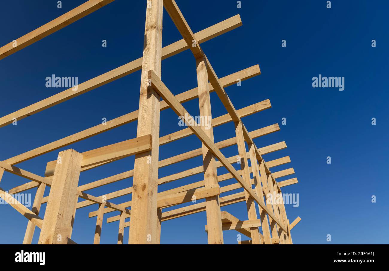 the wooden part of the prefabricated structure of a frame building ...