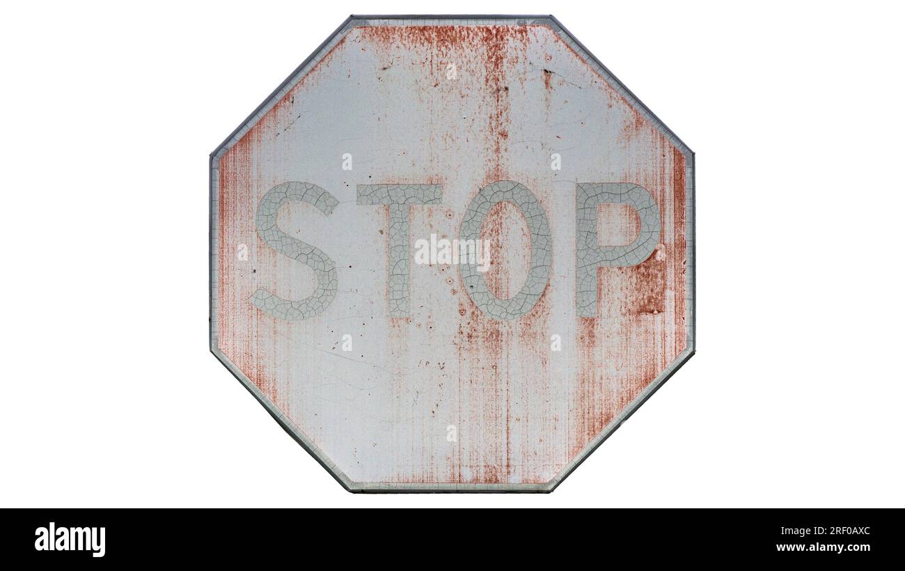 Old faded road sign 'Stop' isolated on white Stock Photo - Alamy