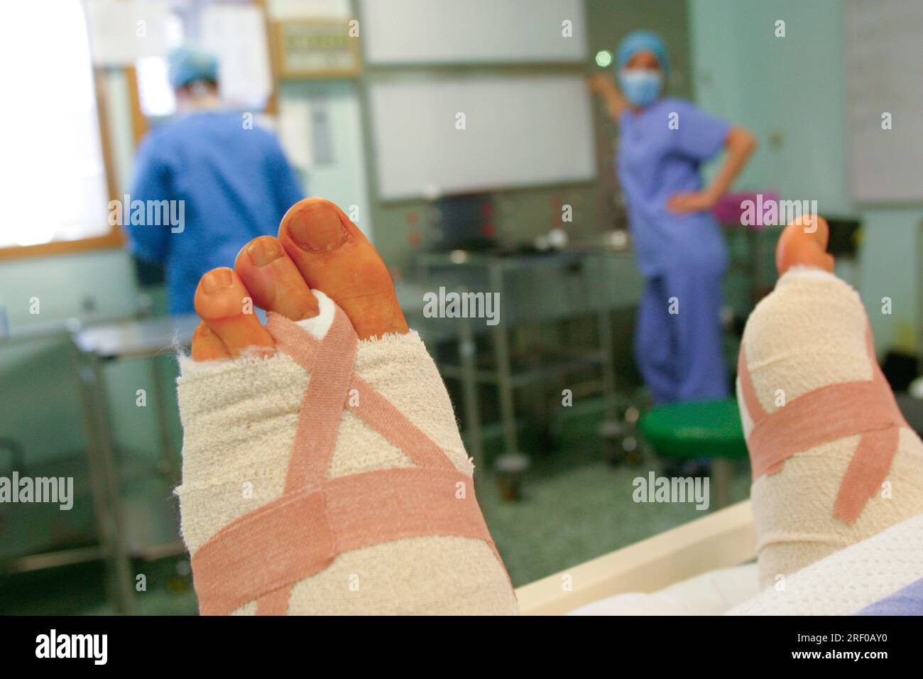 A patient's feet in the operating theatre at an NHS hospital in south ...