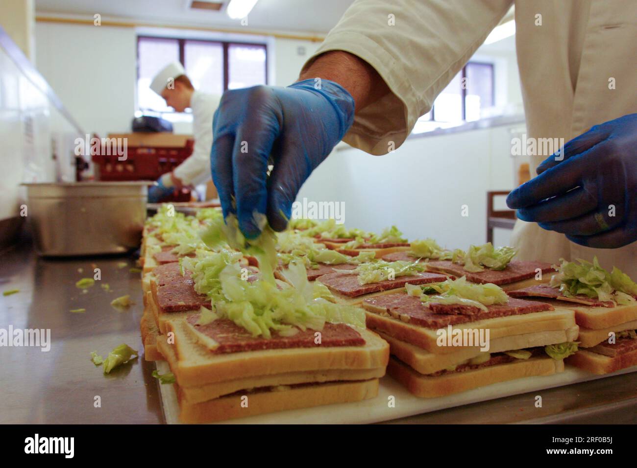 Cooks prepare multiple sandwiches in a hospital kitchen, adding lettuce ...