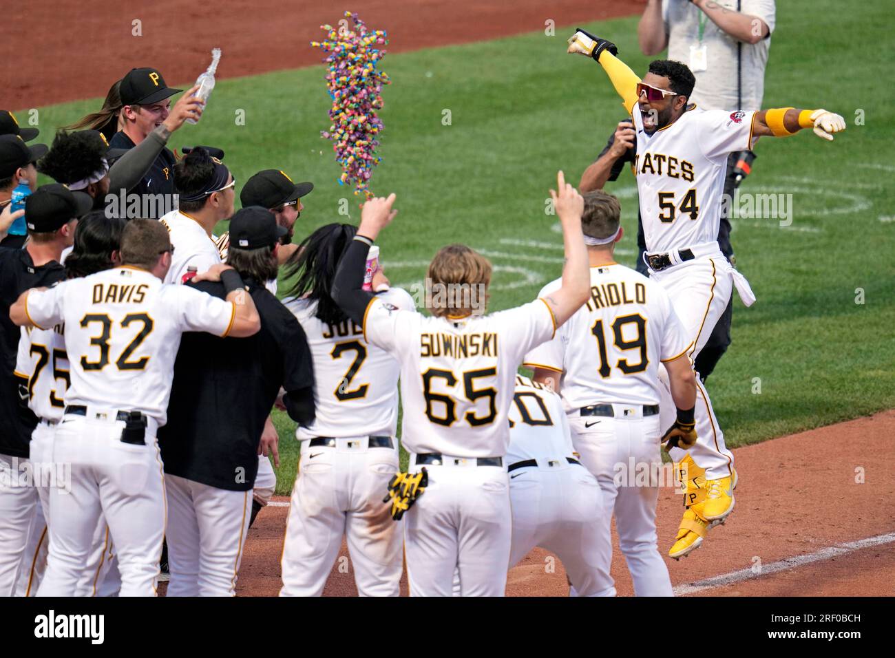 Pittsburgh Pirates' Josh Palacios (54) celebrates as he approaches home ...