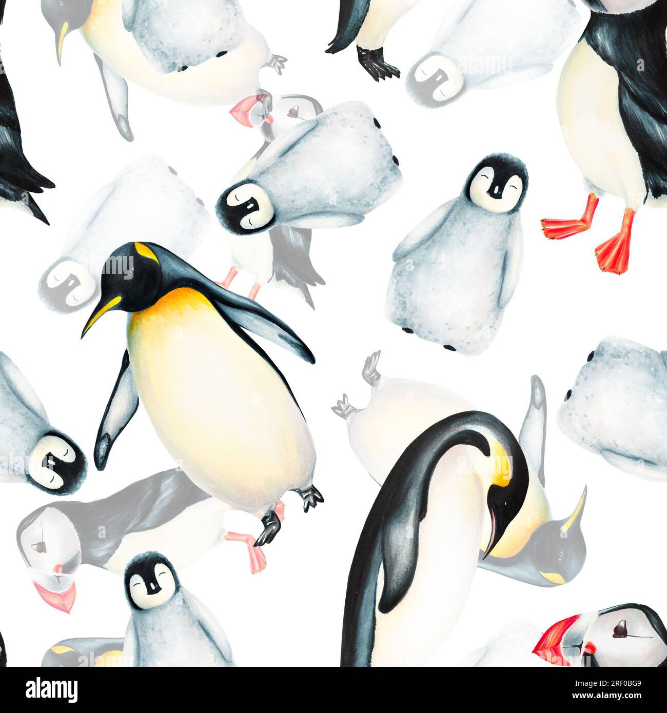 Watercolor seamless pattern with king penguins family and puffin bird ...