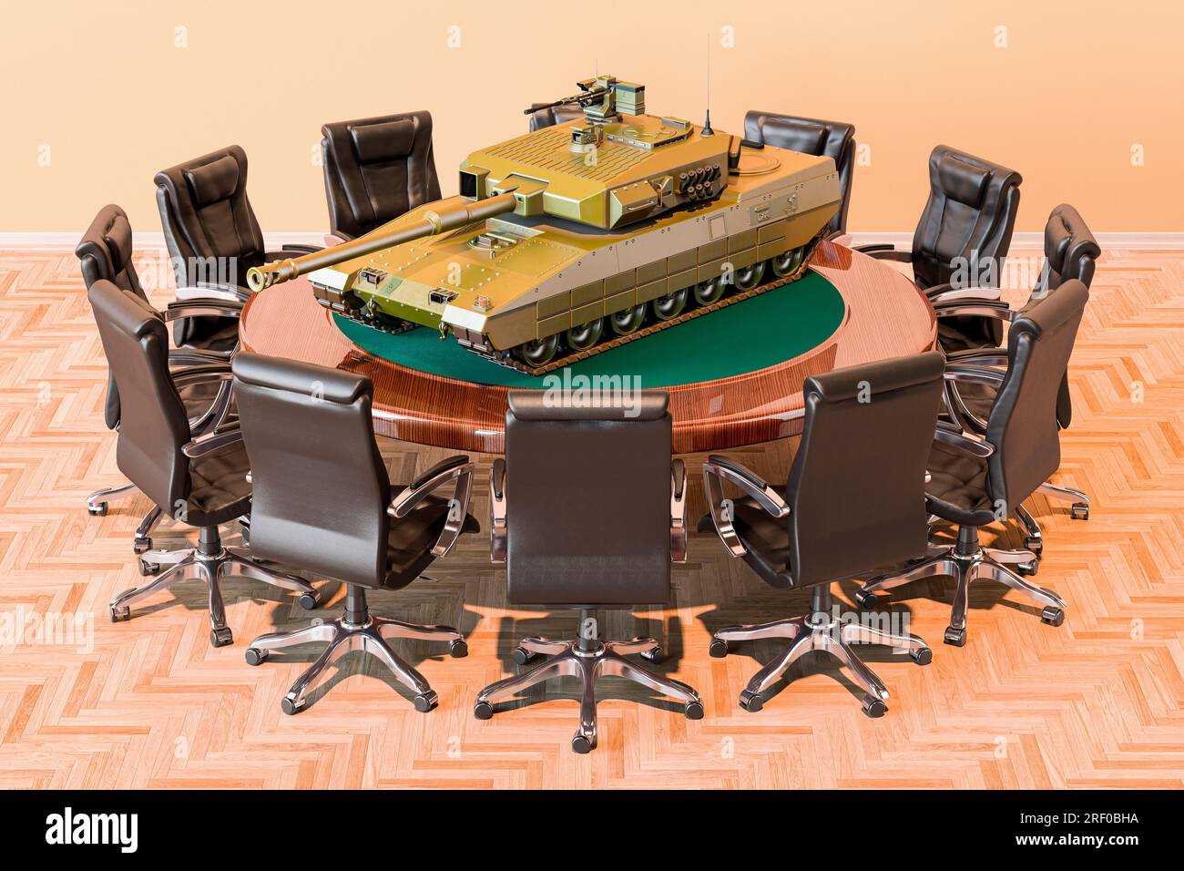 Round table with battle tank and armchairs around, 3D rendering Stock ...