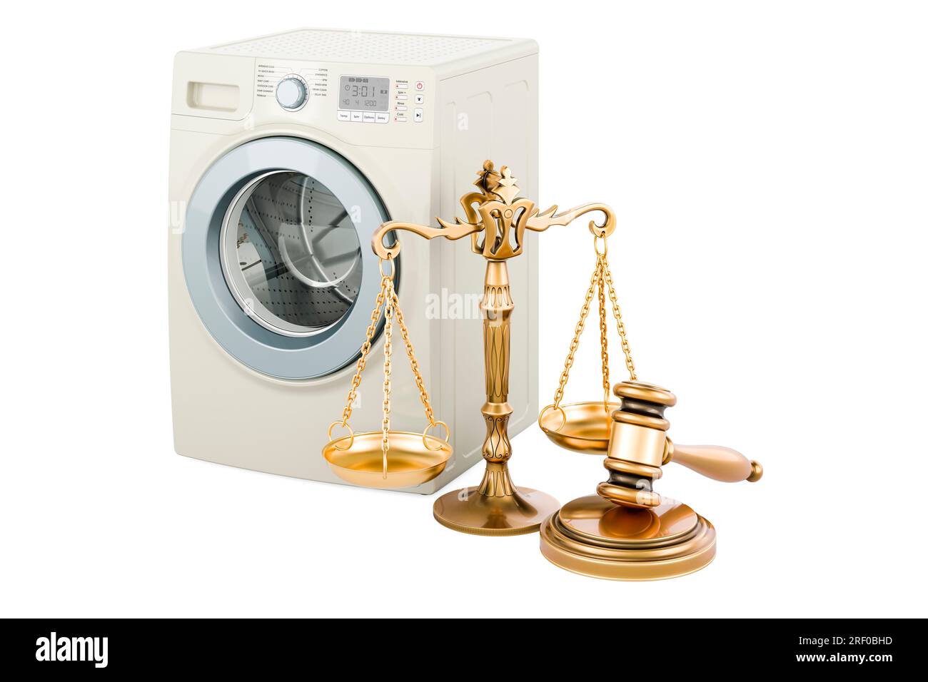 Washing machine with wooden gavel and scales of justice. 3D rendering ...