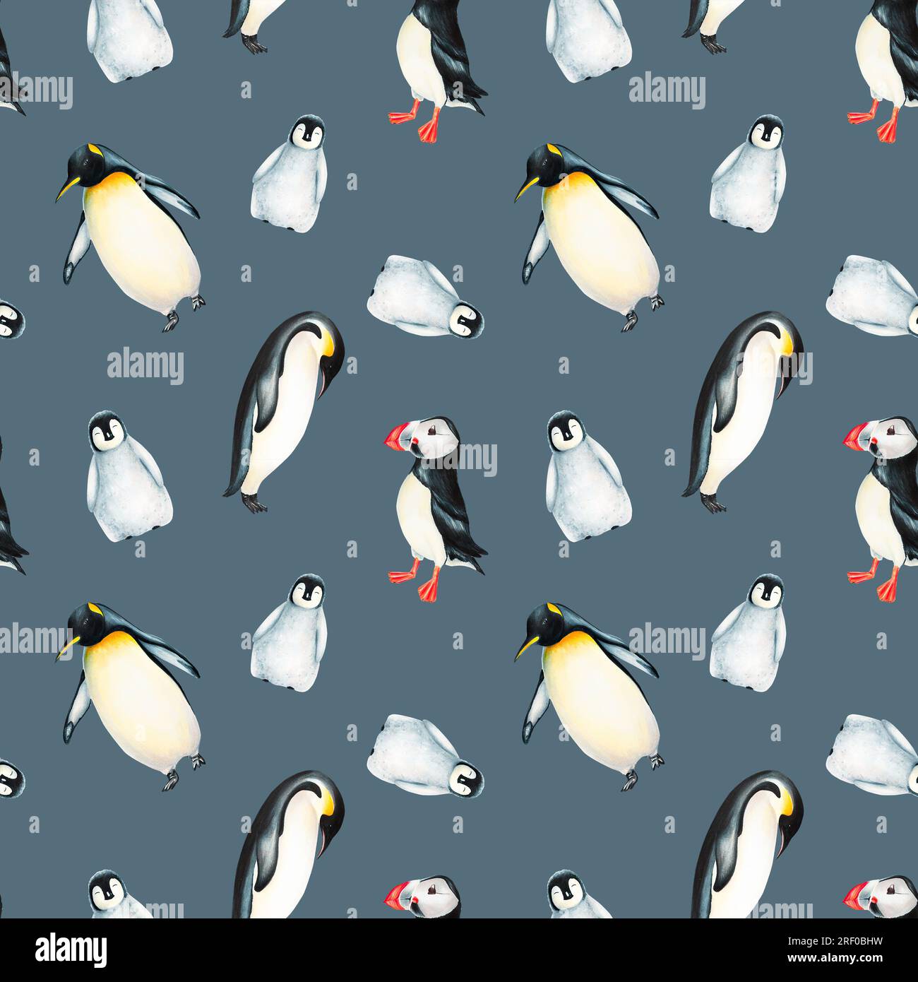 Watercolor seamless pattern with king penguins family and puffin bird ...