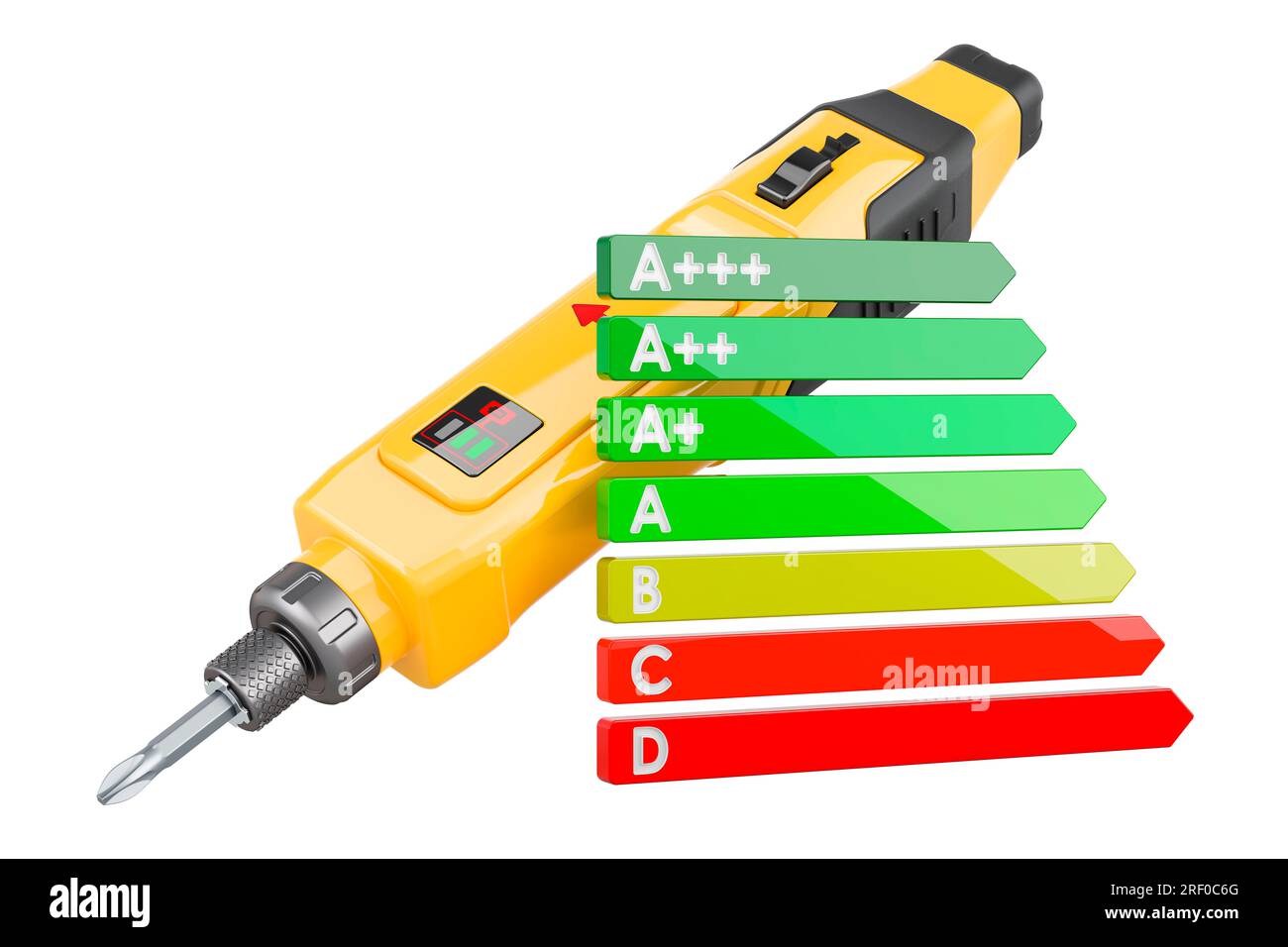 Electric screw driver with energy efficiency chart, 3D rendering ...