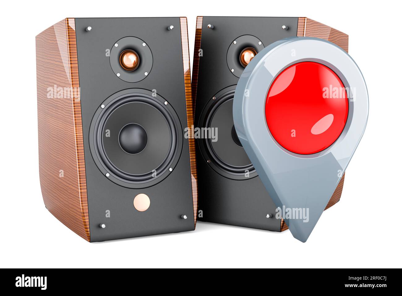 Musical Speakers with map pointer. 3D rendering isolated on white ...