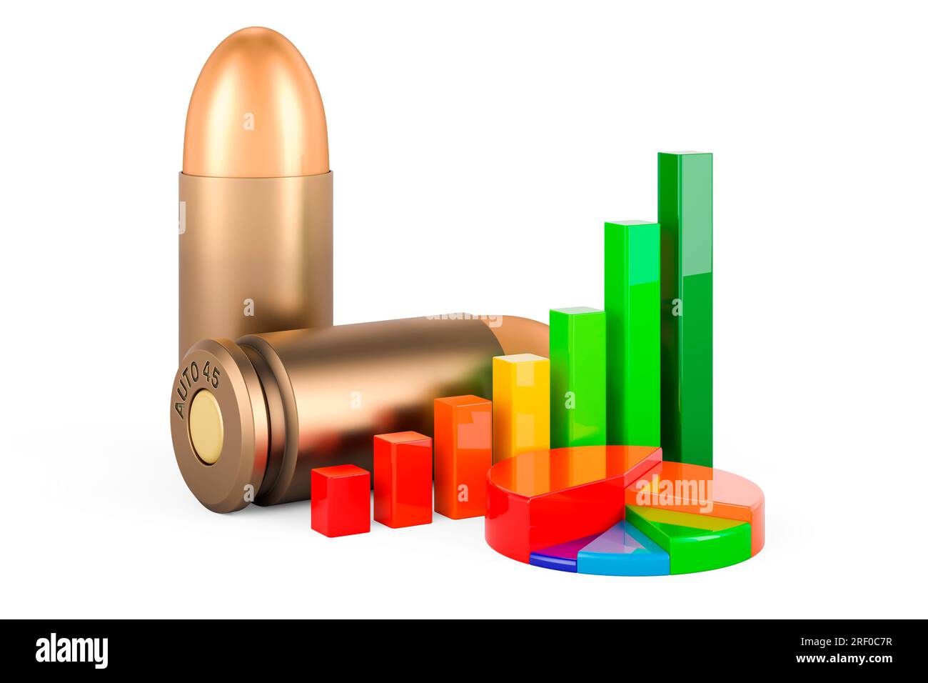 Pistol bullets with growth bar graph and pie chart, 3D rendering ...