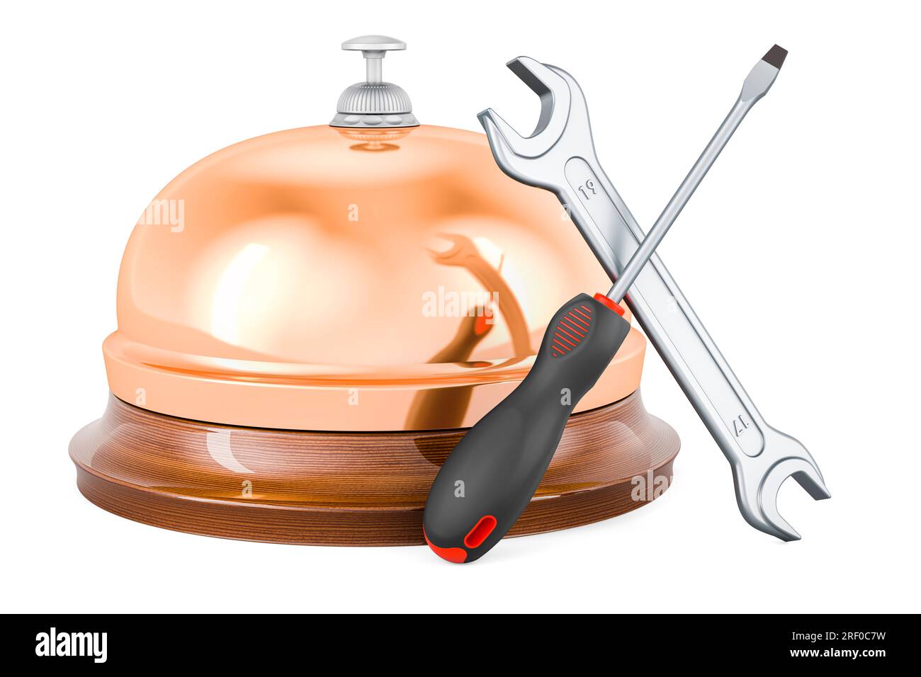 Reception bell with screwdriver and wrench, 3D rendering isolated on ...