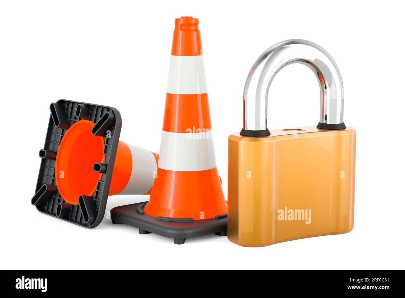 Traffic Cones with padlock, 3D rendering isolated on white background ...