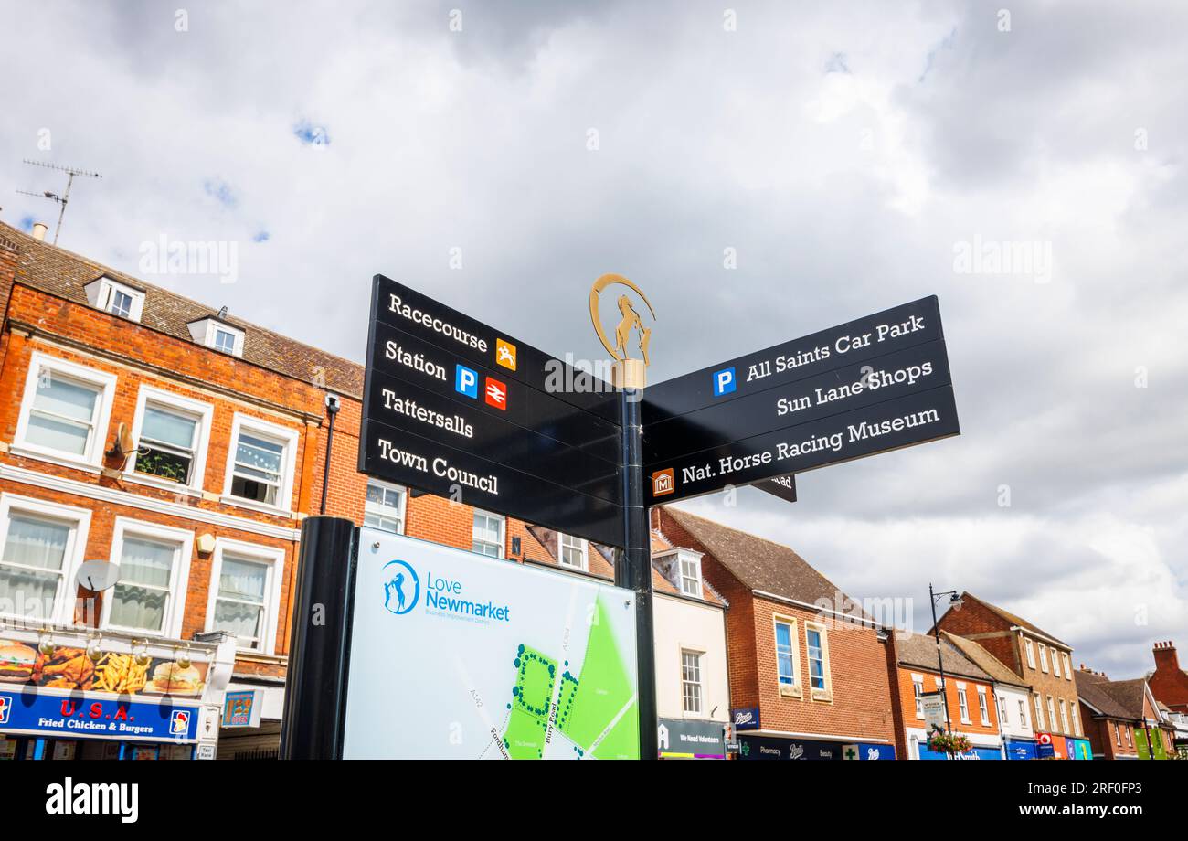 Street sign pointing to local points on interest in the town centre of ...