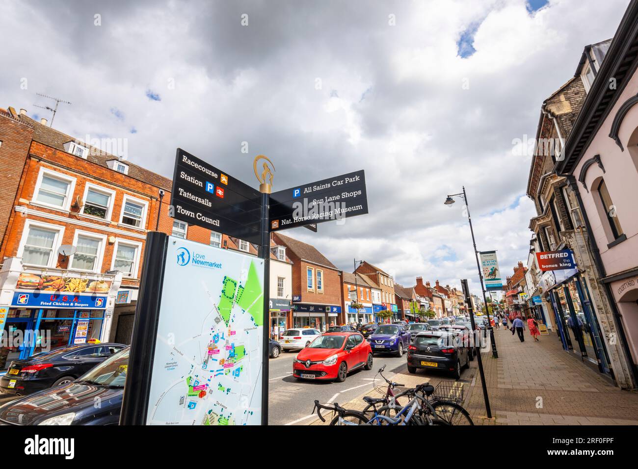 Street sign pointing to local points on interest in the town centre of ...