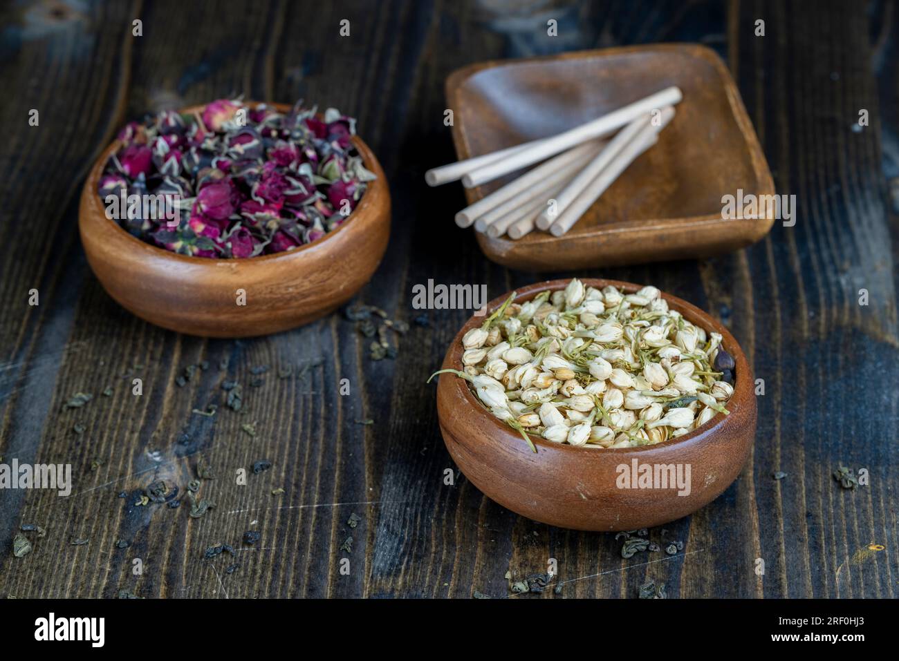 dried rose flowers to dried tea leaves, ready for making green tea ...