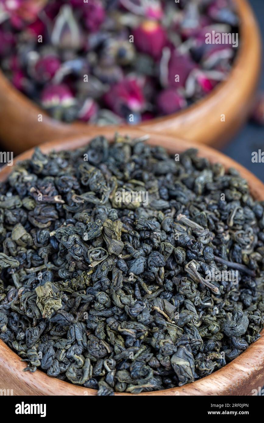 dried rose flowers to dried tea leaves, ready for making green tea ...