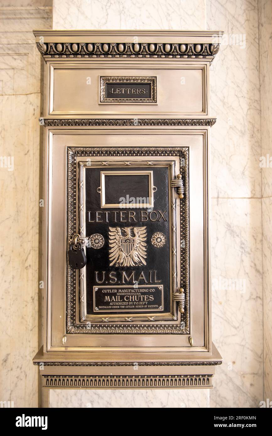 Old mailbox inside a hotel that used to be a bank. Interior of the ...