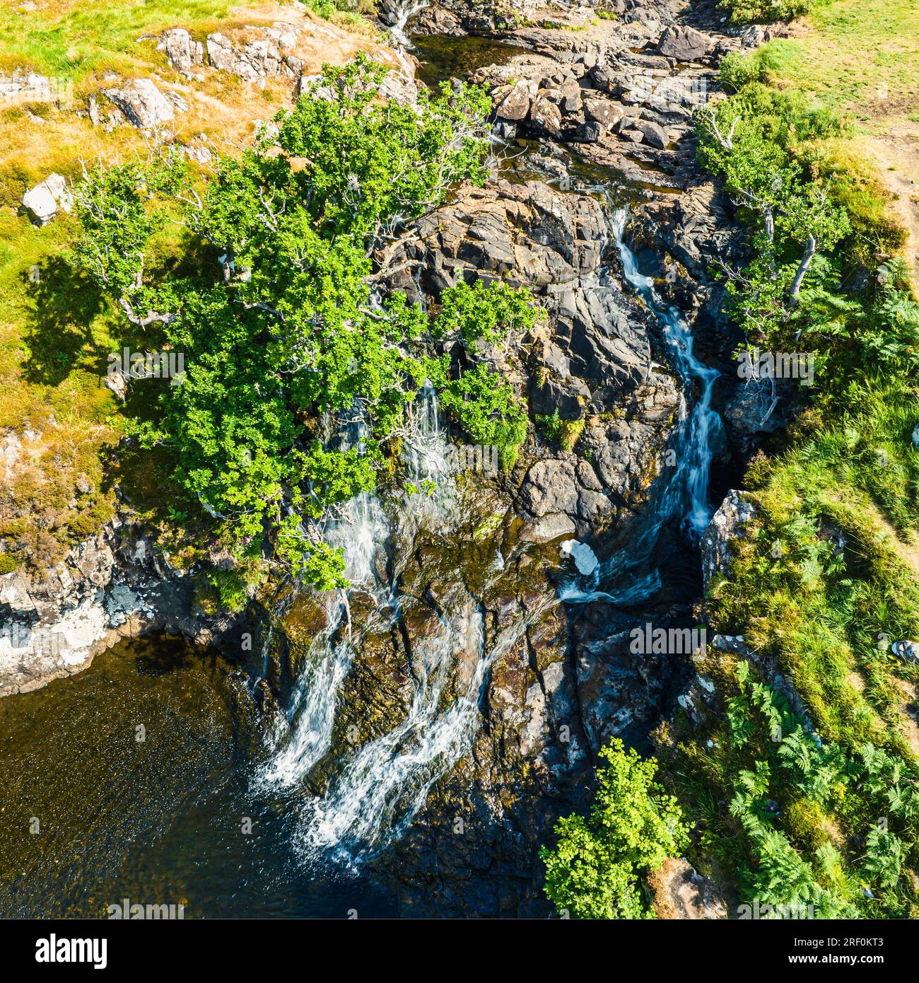 Eas Fors Waterfall from a drone, Isle of Mull, Scottish Inner Hebrides ...