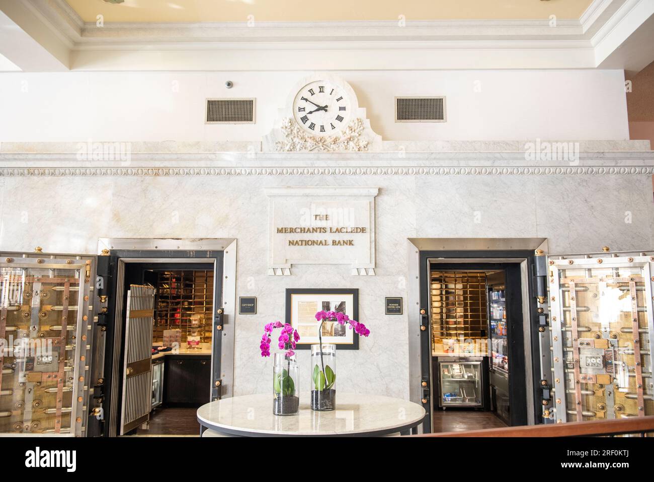 Hotel snack bar which is inside an old bank vault. Interior of the ...