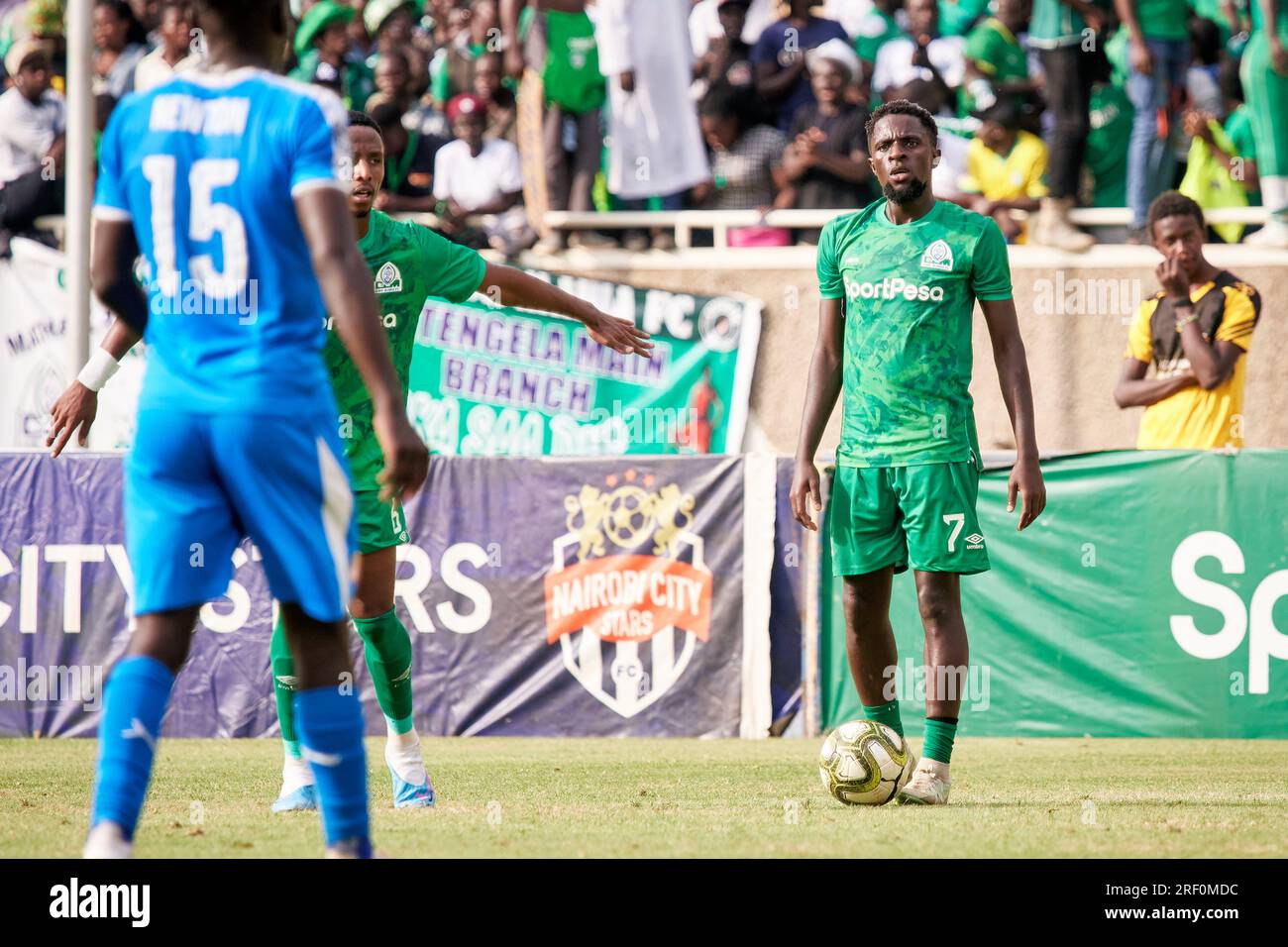 Nairobi, Kenya. 25 Jun 2023. Austine ODHIAMBO (FW, Gor Mahia) prepares to take a free kick ...