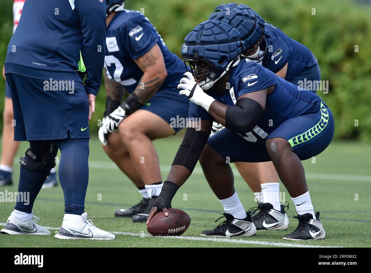 Renton, WA, USA. 30th July, 2023. Seattle Seahawks center Olu Oluwatimi ...