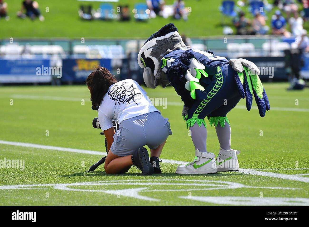 Renton, WA, USA. 30th July, 2023. The Seahawks mascot Blitz helps the ...