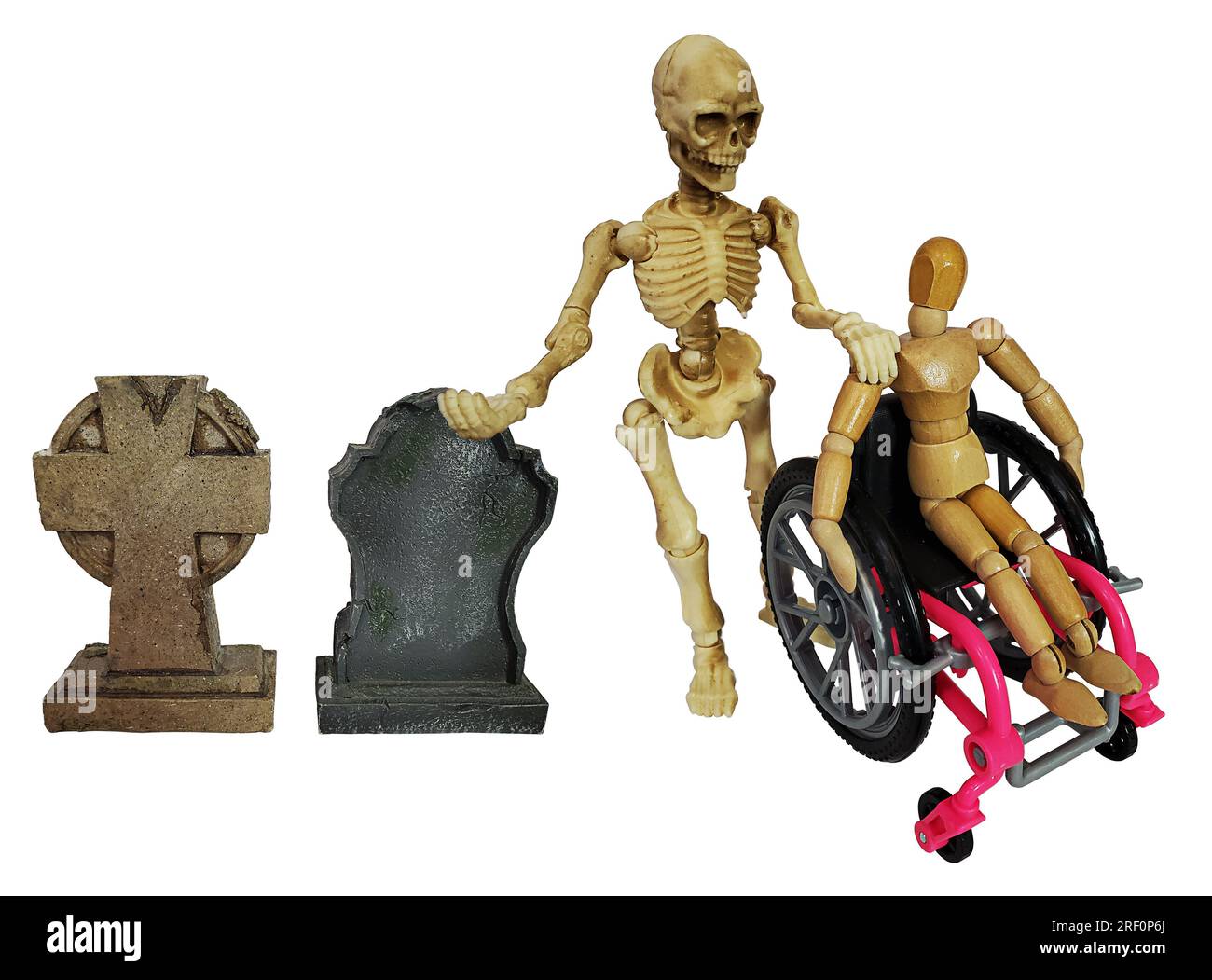 Person in Wheelchair with Skeleton Pointing at some Grave Stones Stock ...