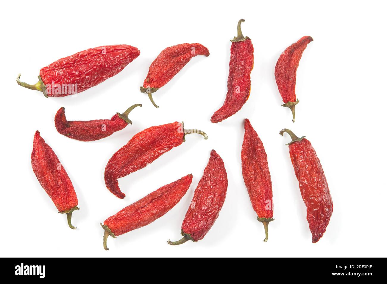 A flat lay studio photo of partially drying red peppers set on a white ...