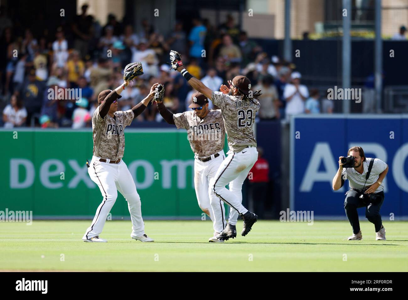 San Diego Padres' Juan Soto, left, Trent Grisham, center, and Fernando ...