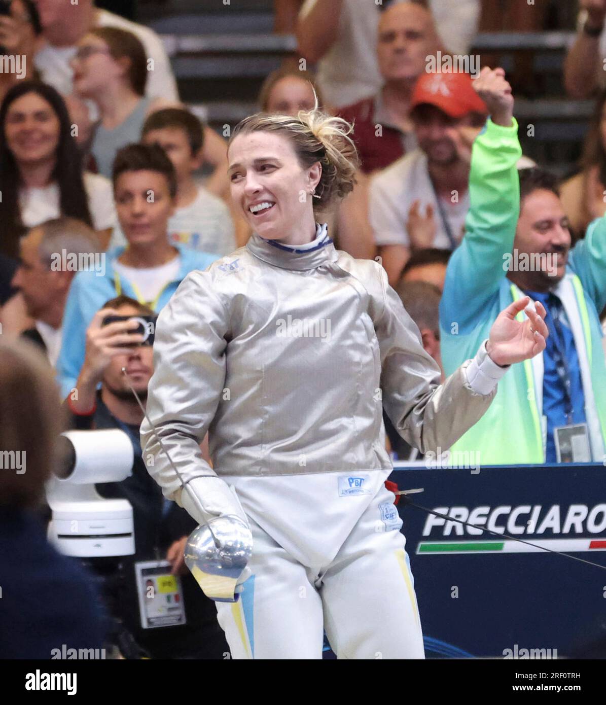 Olga Kharlan (Ольга Харлан) of Ukraine reacts during women's saber team ...