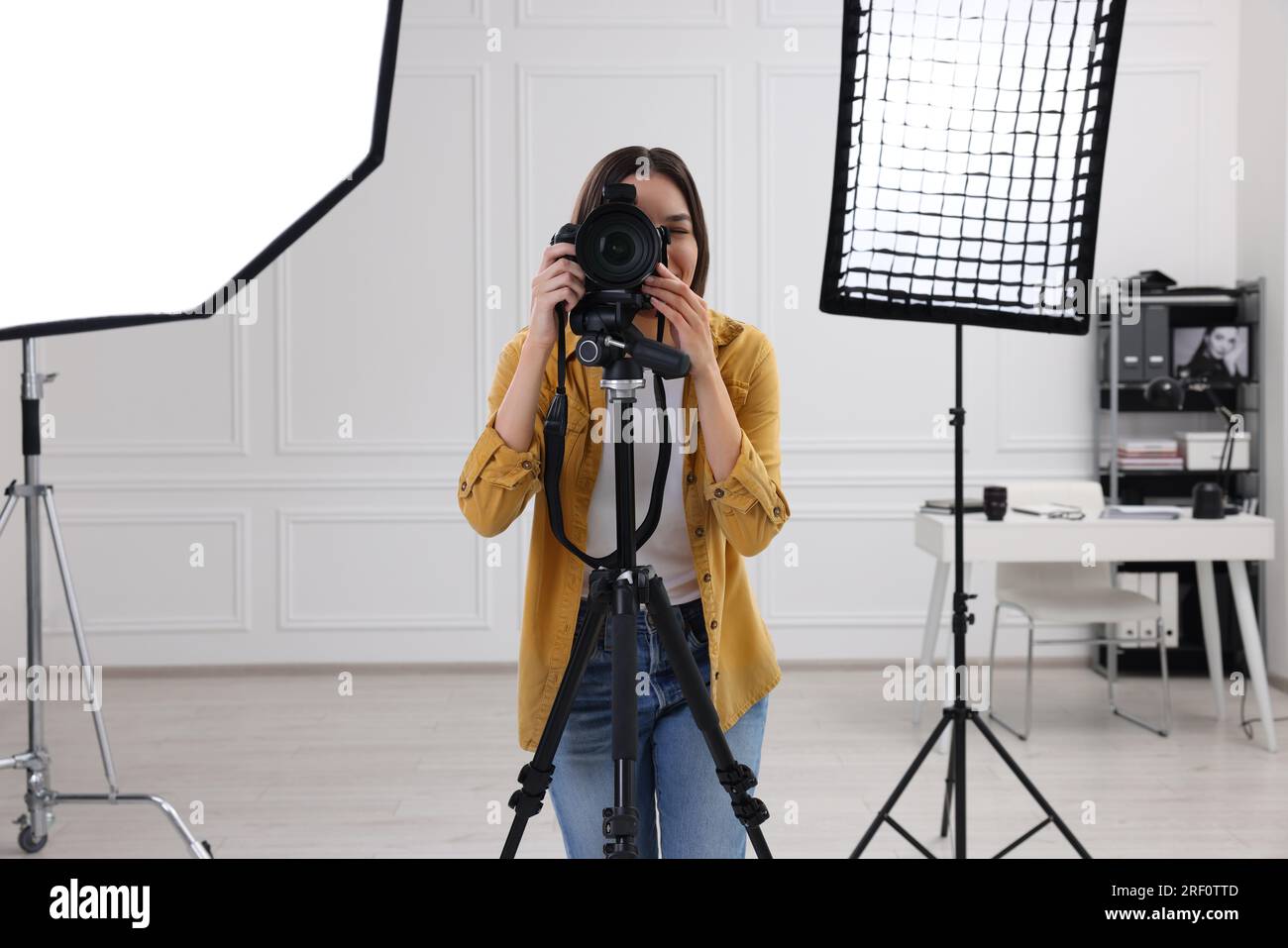 Professional photographer taking picture in modern photo studio Stock ...