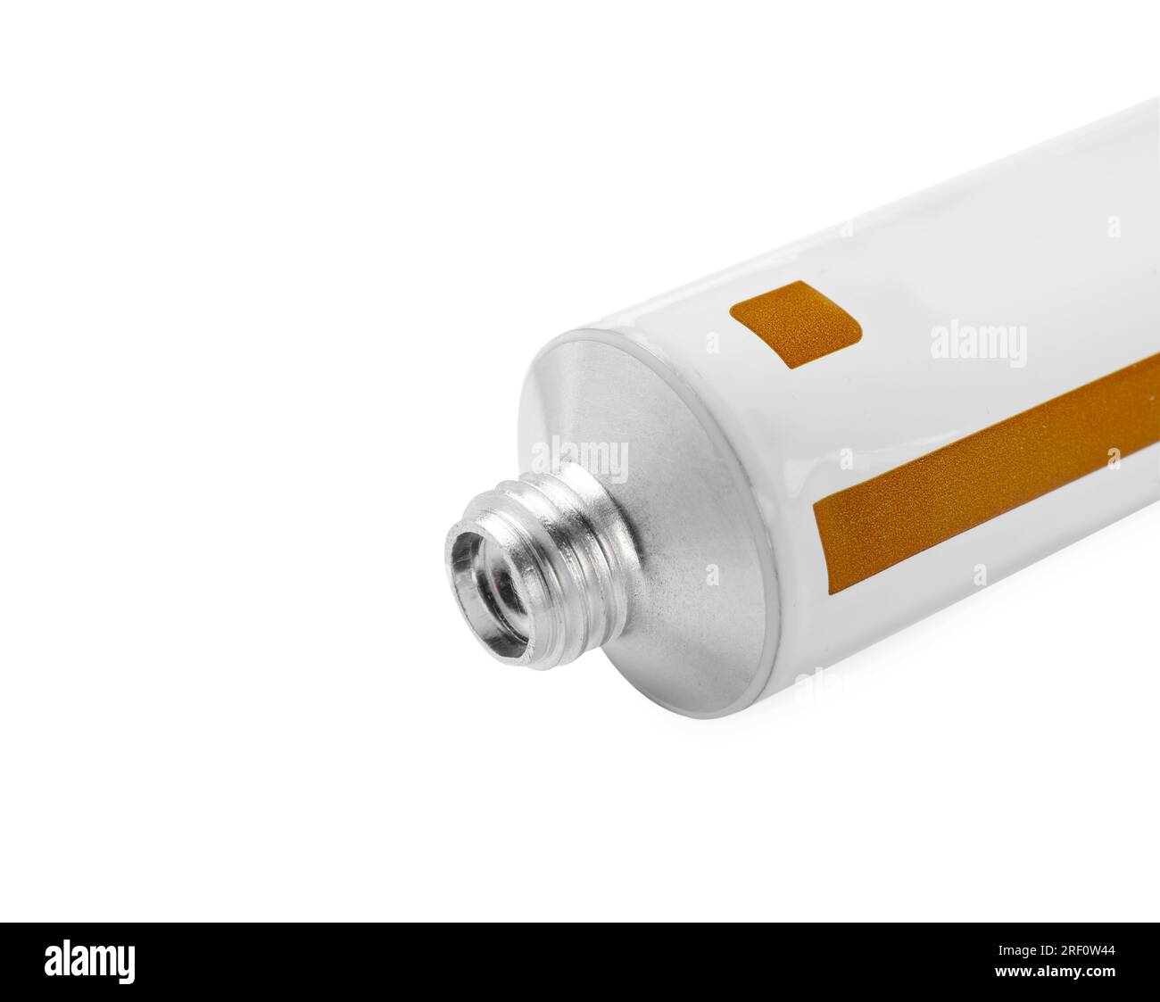 Open tube of ointment on white background, closeup. Space for text ...
