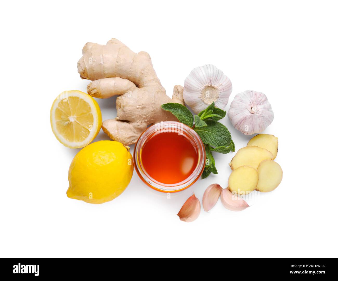 Honey, garlic, lemon, ginger and fresh mint for cough treatment. Cold ...