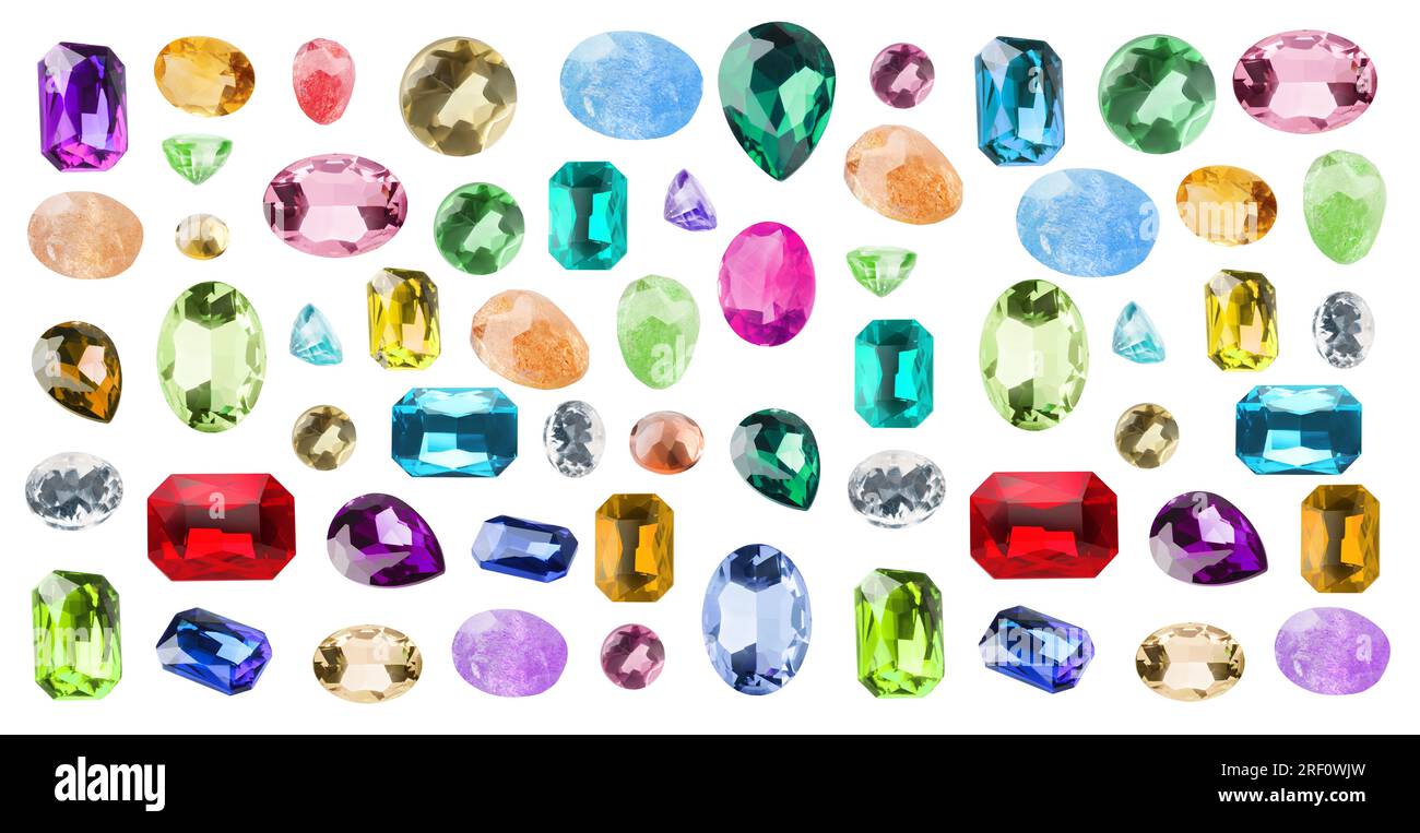 Set of different shiny gemstones for jeweler isolated on white Stock ...