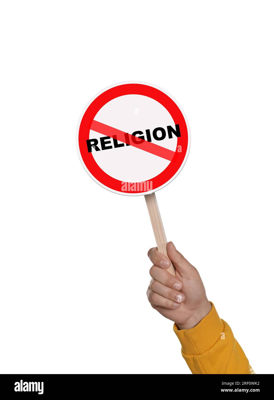 Atheism concept. Man holding prohibition sign with crossed out word ...