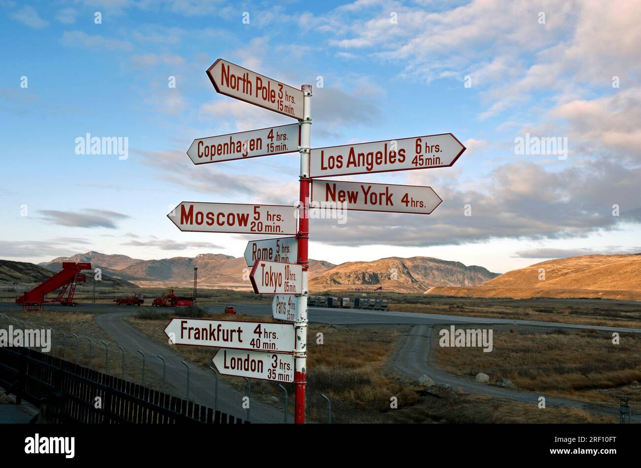 Direction signs with distances to destinations from the airport in Nuuk ...