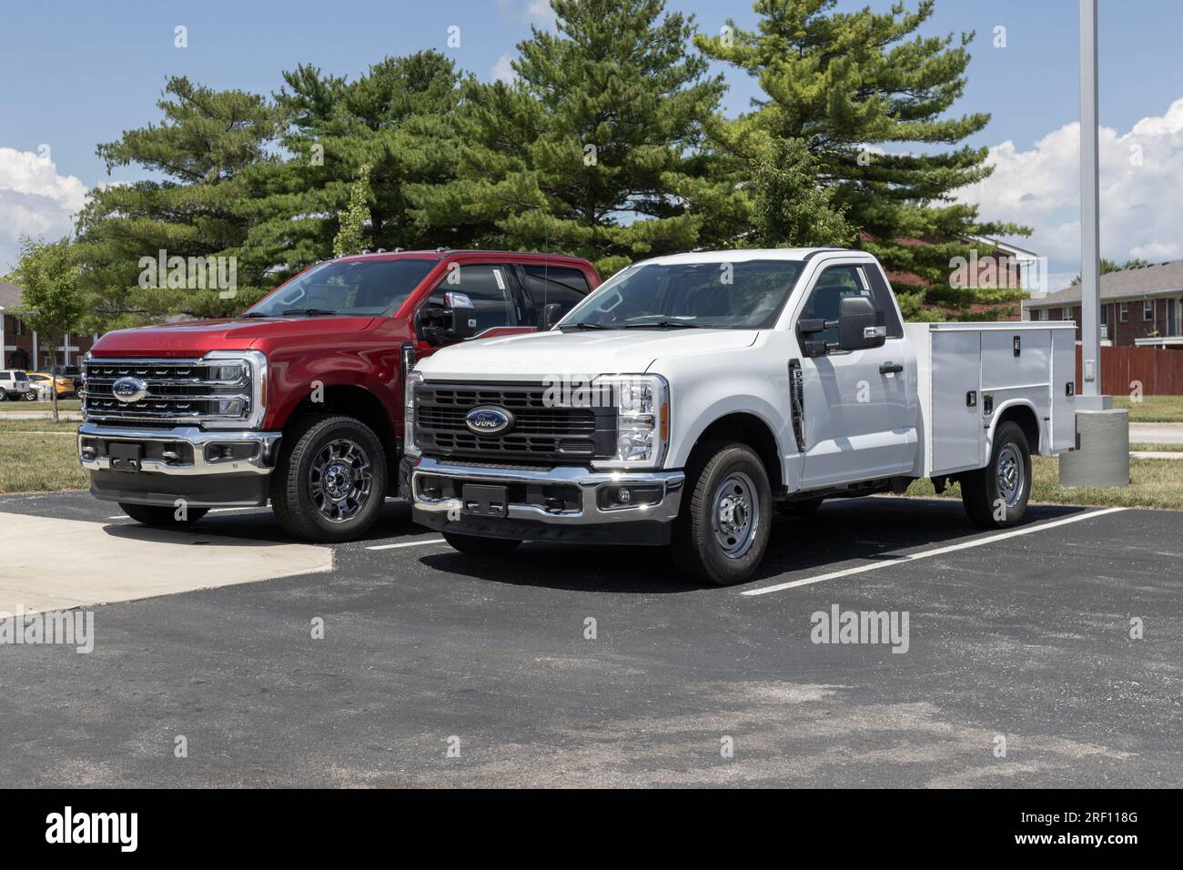 Kokomo - July 30, 2023: Ford F-250 and F-350 Super Duty pickup truck display. Ford F Series ...