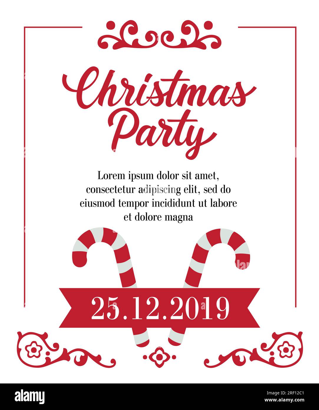 Christmas party lettering in red frame with date and candy canes Stock ...