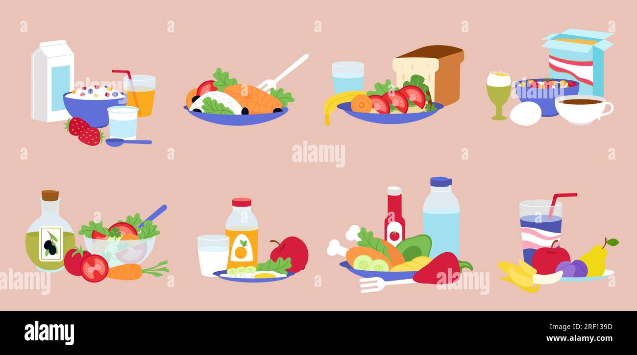 Daily diet meals, plate with vegan and meat meal. Healthy breakfast ...