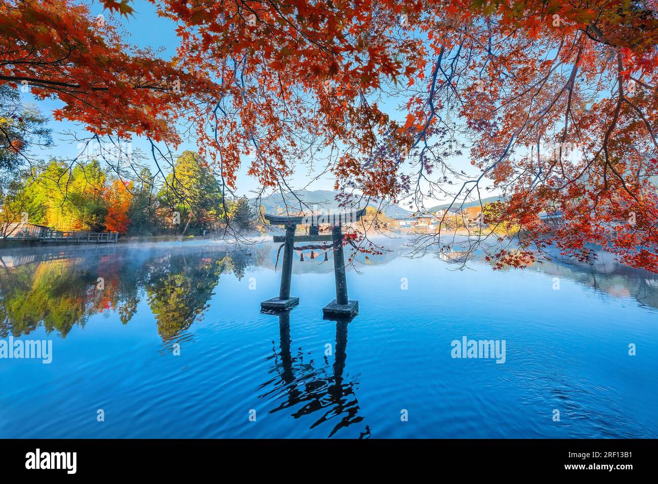 Yufuin, Japan - Nov 27 2022: Tenso-jinja shrine at lake Kinrin, is one ...