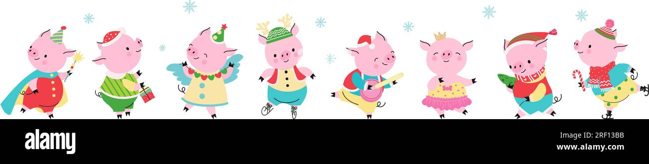 Christmas holidays pigs, new year party pig characters. Winter festive ...