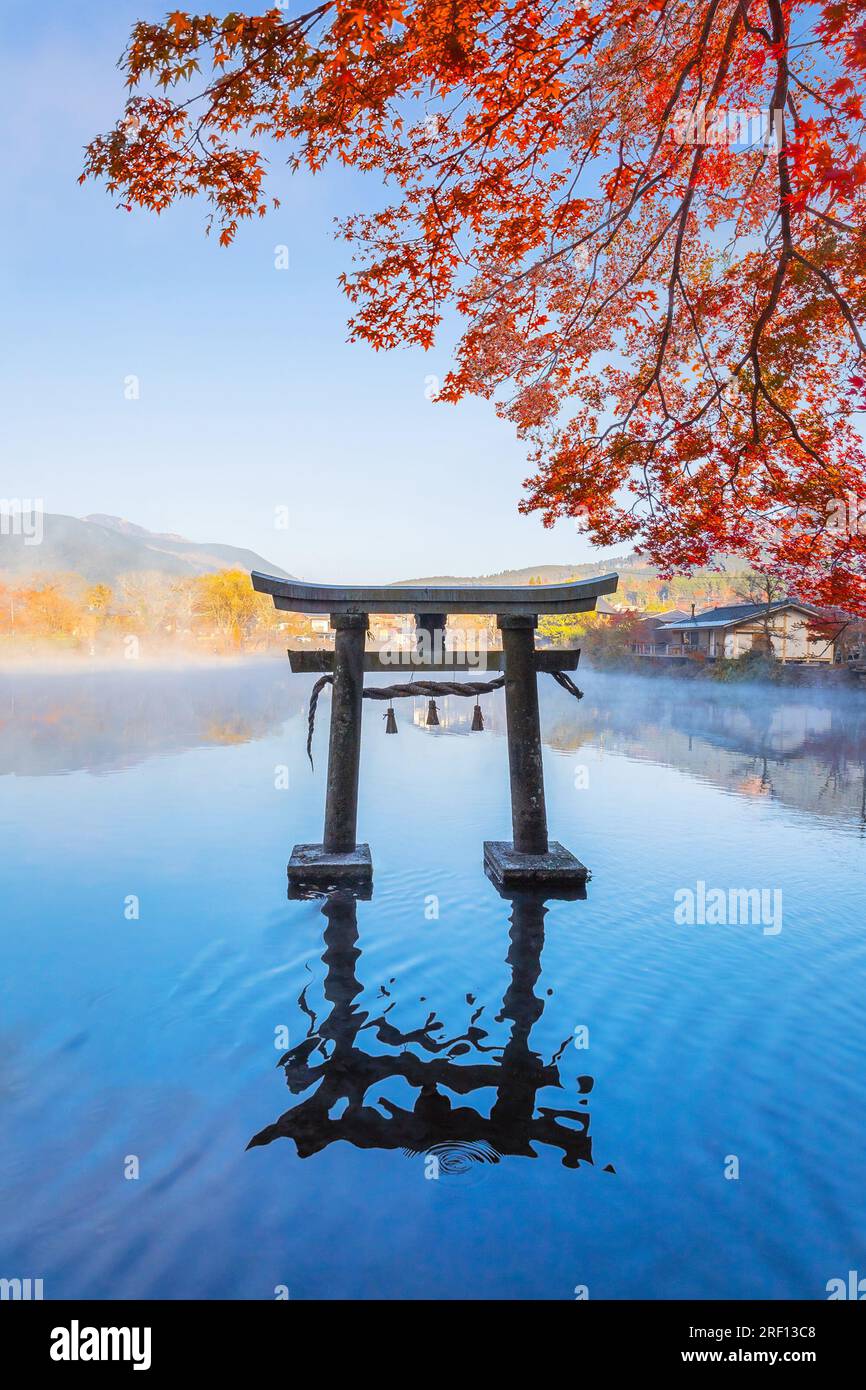 Yufuin, Japan - Nov 27 2022: Tenso-jinja shrine at lake Kinrin, is one ...