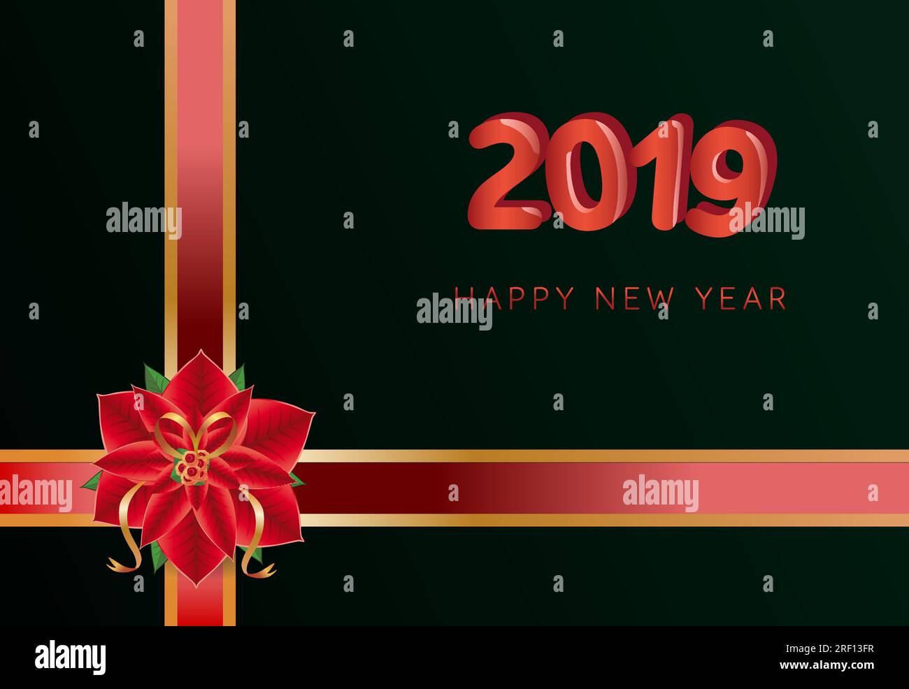 Two thousand nineteen lettering, red ribbon and poinsettia Stock Vector ...