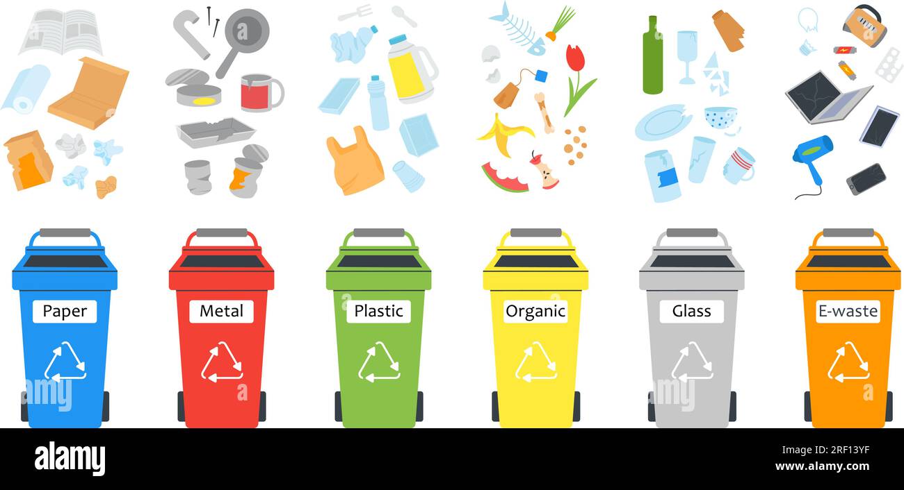 Waste separated in different bins. Organic materials, disposable item and paper trash. Garbage ...