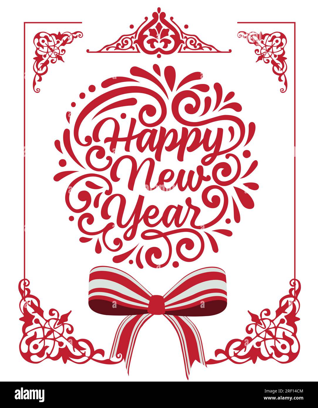 Happy New Year lettering in red frame with vignette elements Stock ...
