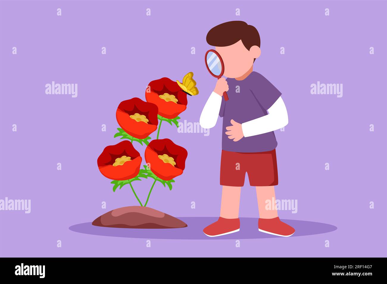 Graphic flat design drawing adorable little boy using magnifying glass ...