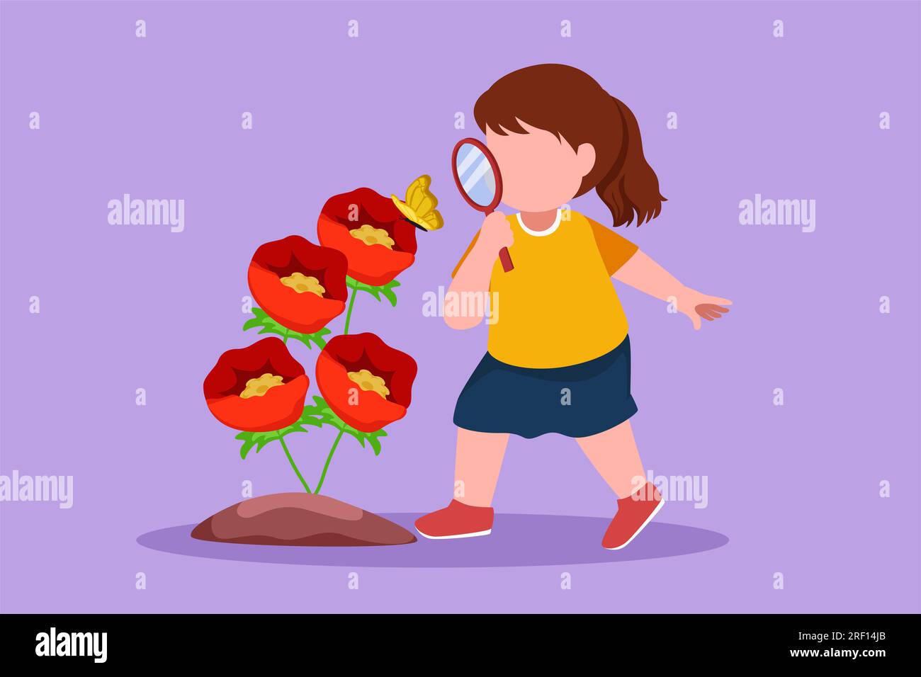 Graphic flat design drawing adorable little girl using magnifying glass ...