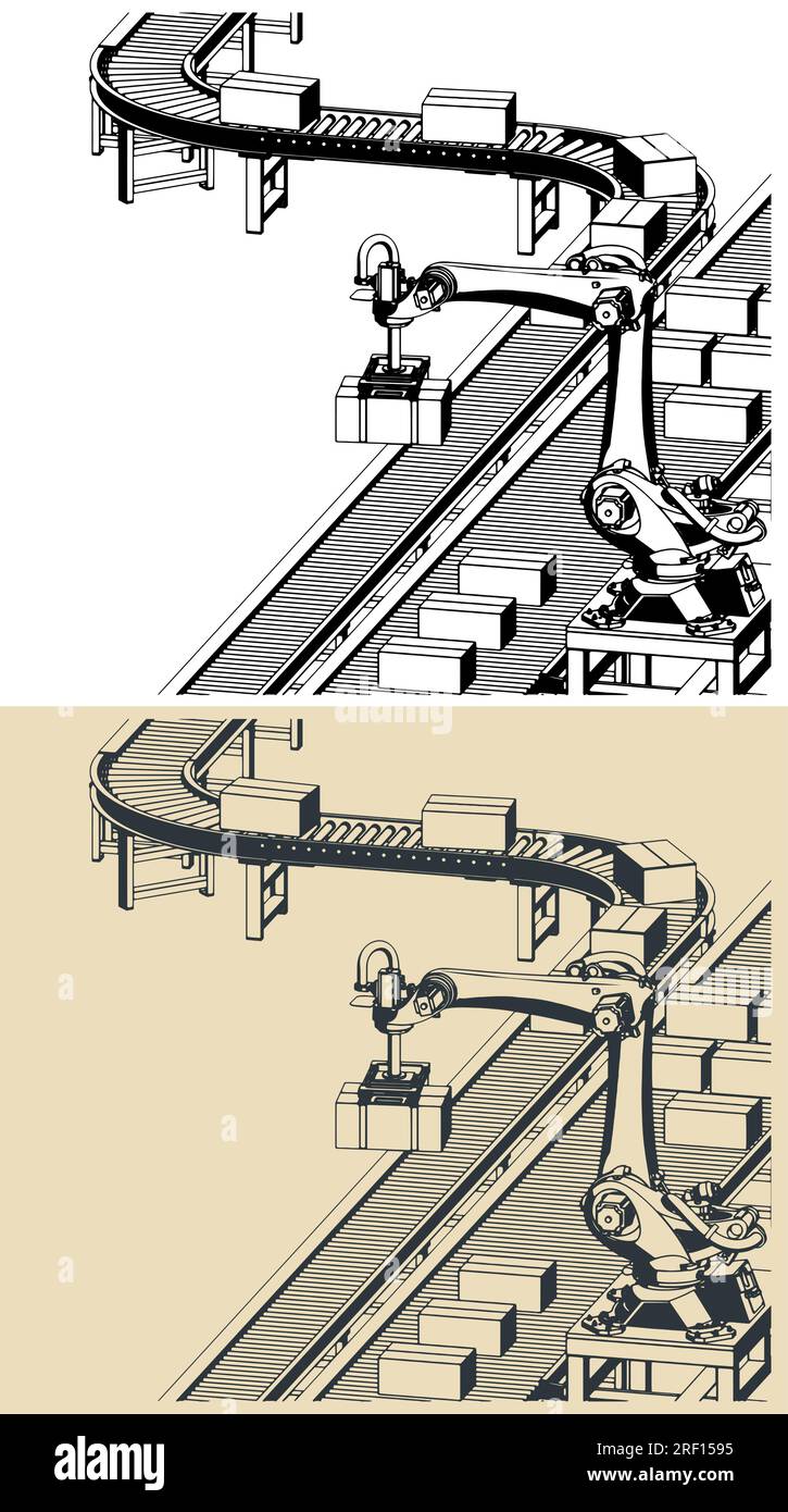 Stylized vector illustration of robotic factory conveyor line Stock ...