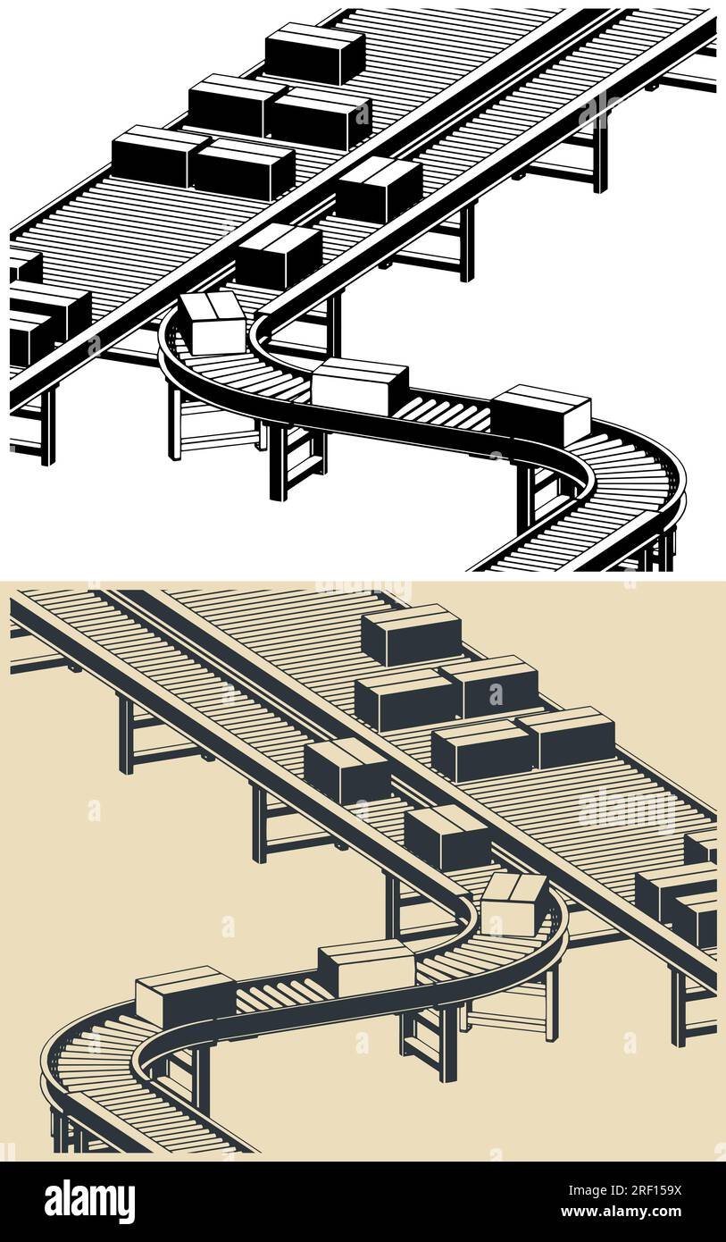 Stylized vector illustrations of automated conveyors for warehouses and ...